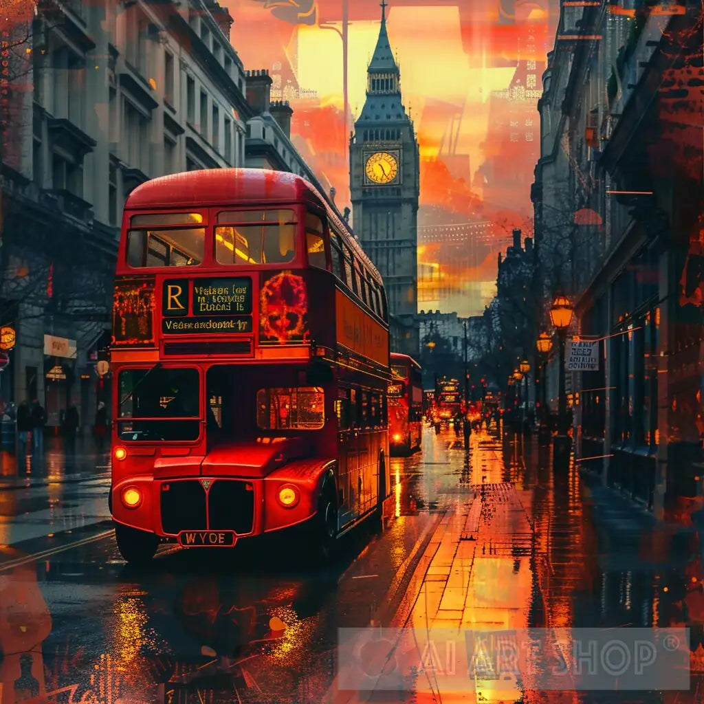 Iconic London Bus and Big Ben at Sunset - Gothic Digital Collage