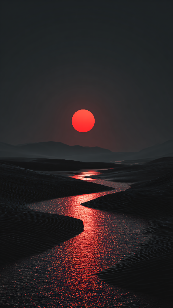 Surreal Red Eclipse Landscapes – Abstract Riverlight Series