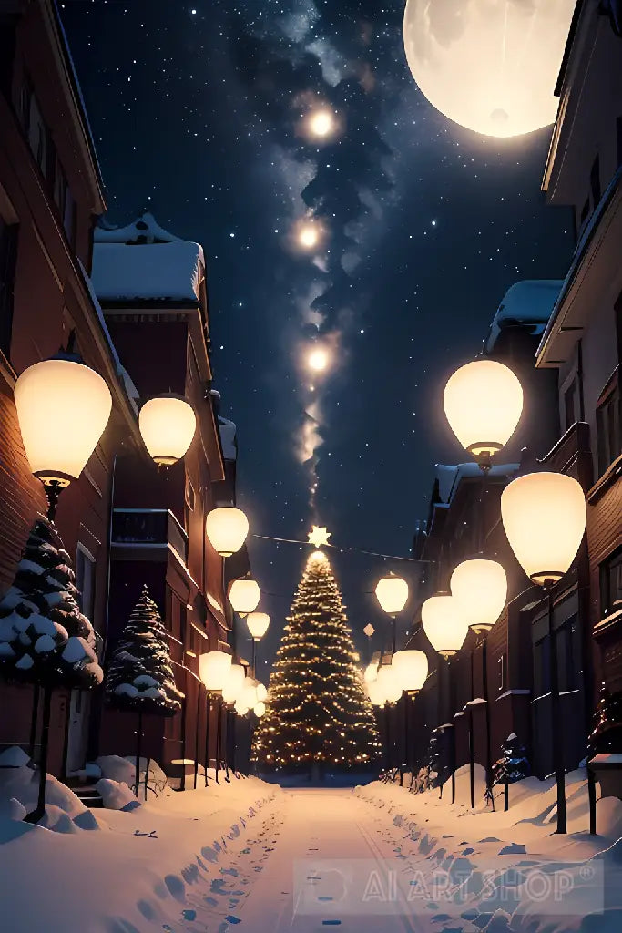 Illuminated Street In A Holiday Starry Night