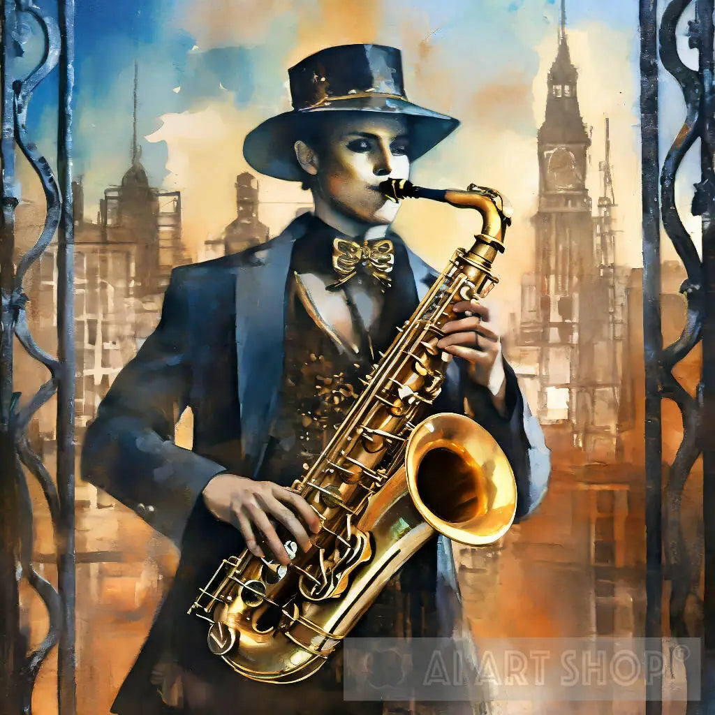 Illustration of a steampunk portrait with a saxophone