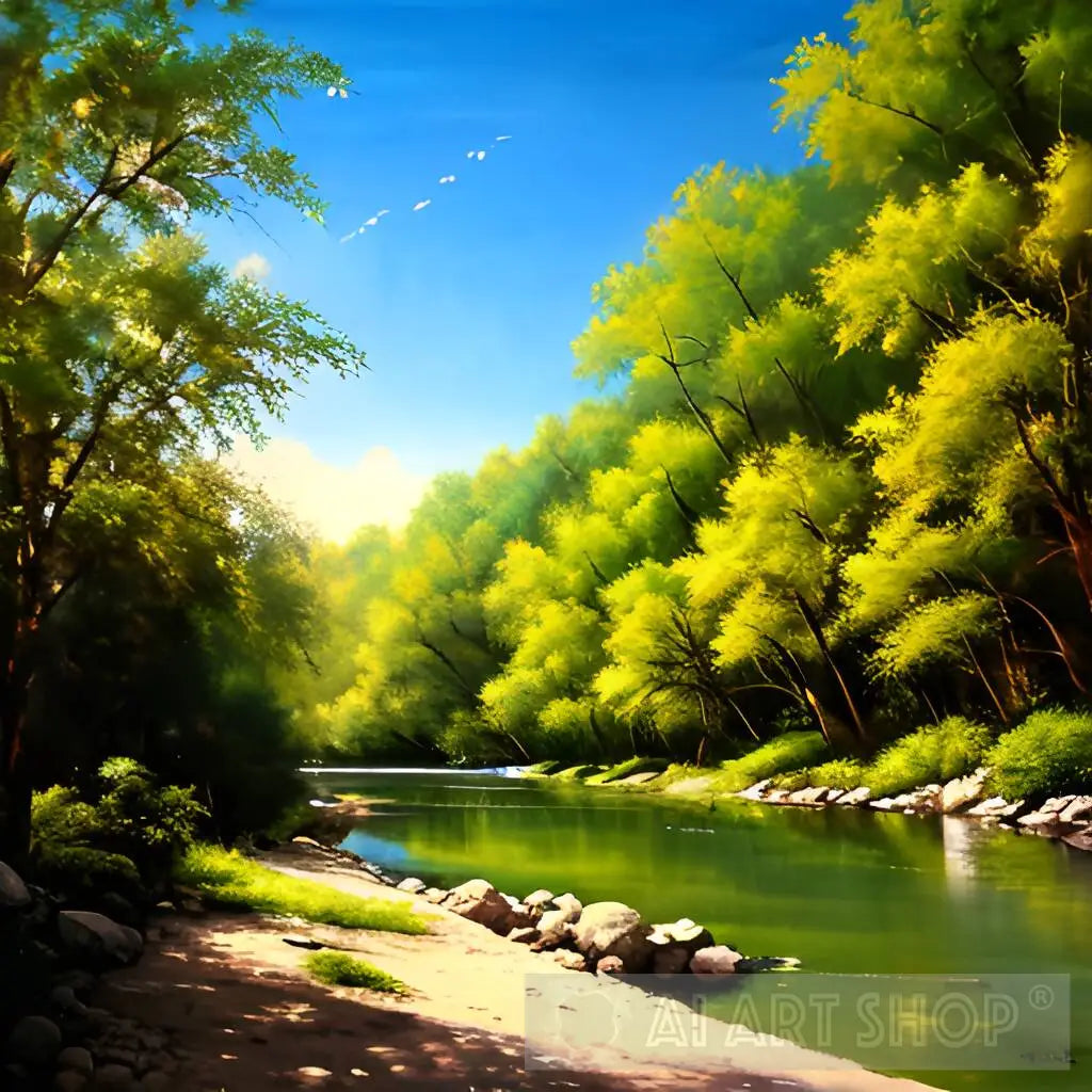 impressionist landscape painting of the river in the forest