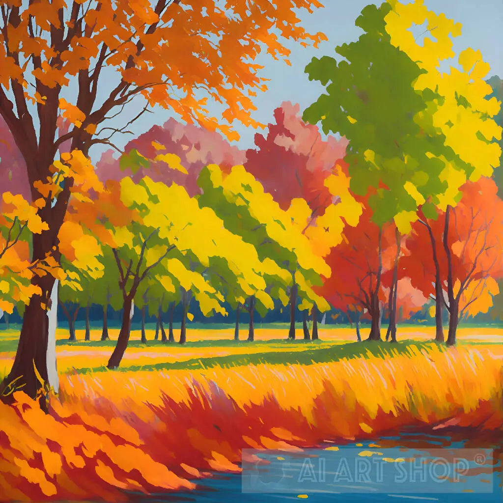 impressionist painting, autumn landscape, nature art, sun-dappled t...