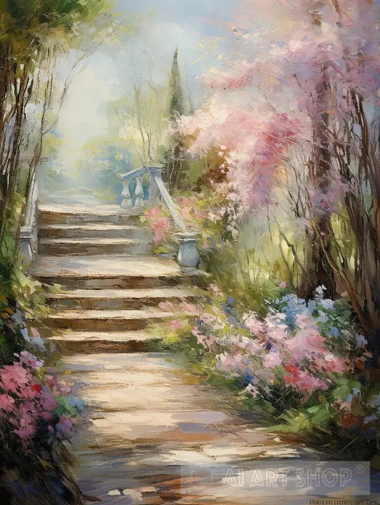 The Path to Serenity: A Painting of Stairs Leading to a Peaceful an...