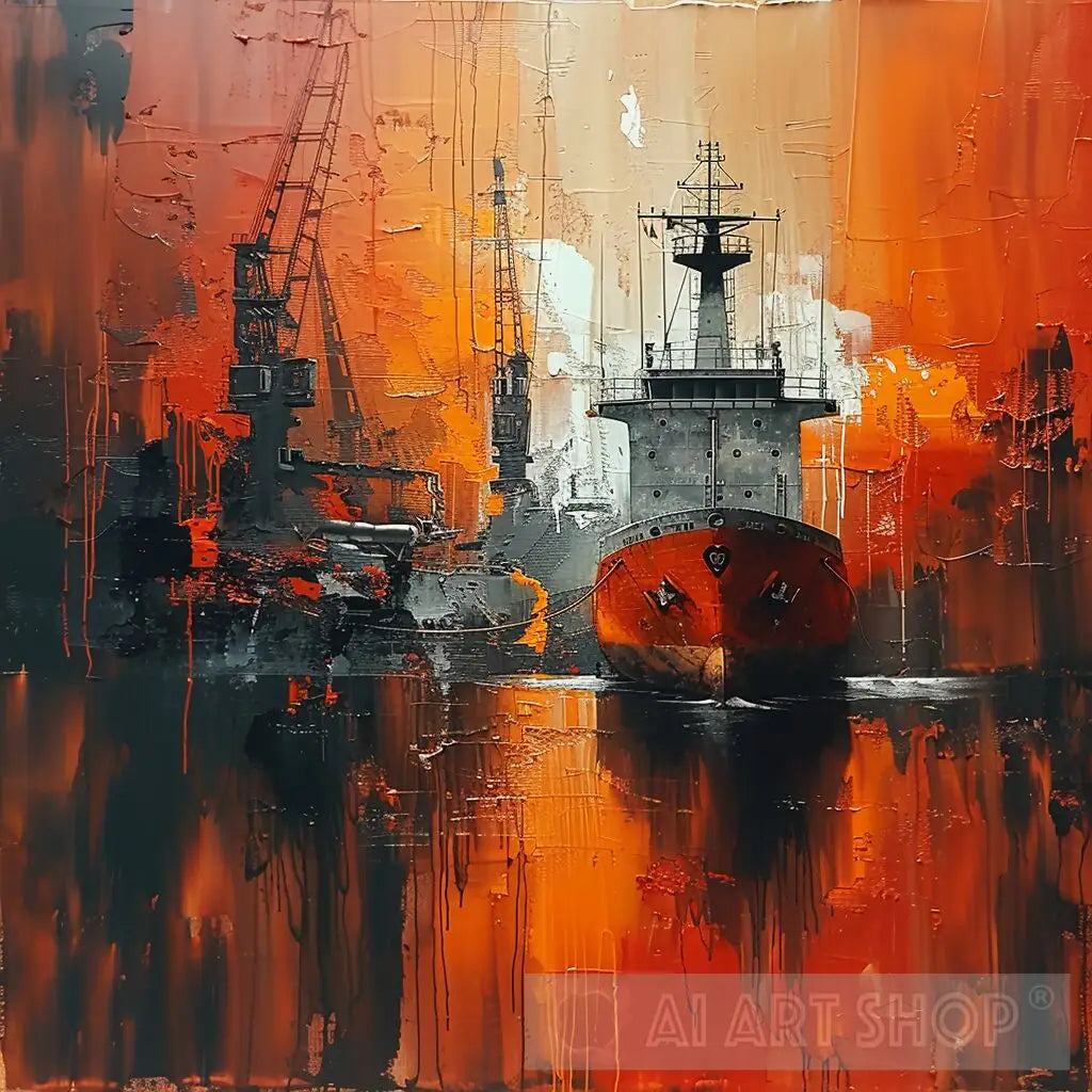 Industrial Port Scene with Cargo Ships - Abstract Expressionism