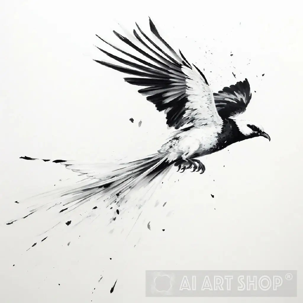 Japanese Sumi Ink Painting Flight Bird Wings Freedom Boundless Expa...
