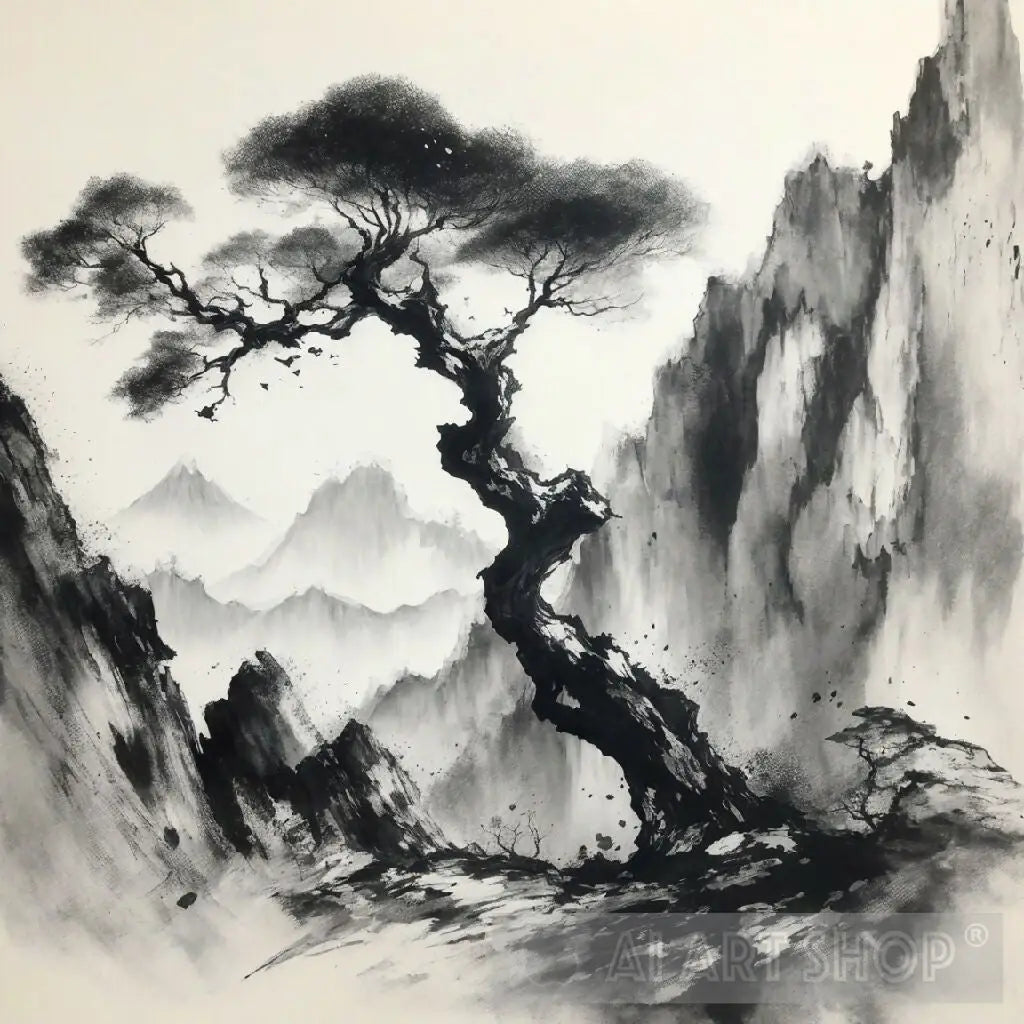 Japanese Sumi Ink Portrait Tree Mountain Harmony Tranquility Sereni...