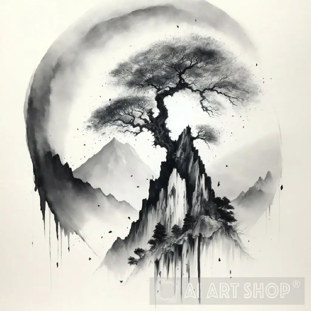Japanese Sumi Ink Portrait Landscape Tree Mountain Horizon Silhouet...