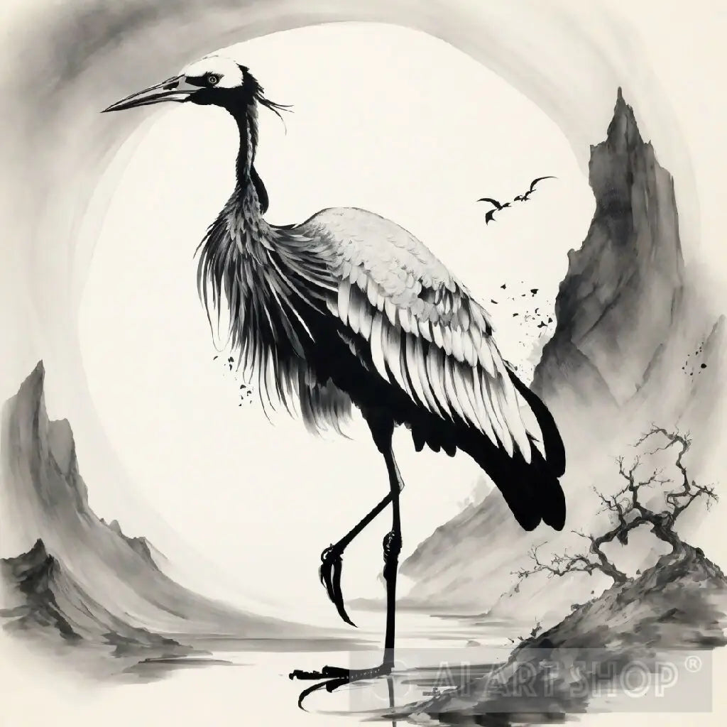 Ink Majesty Crane Ascent Ink Painting Mountain Landscape Serene Bea...