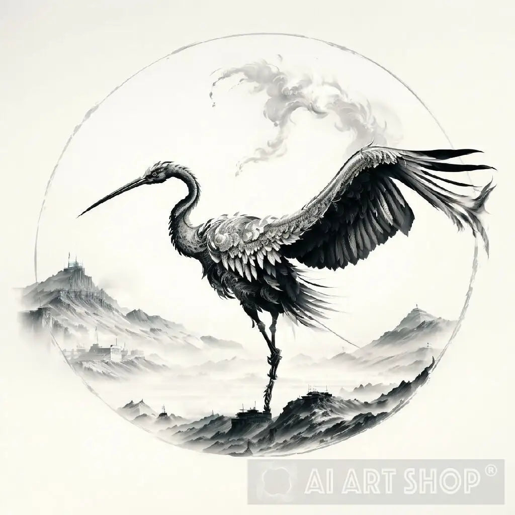 Sumi Ink Portrait Japanese Art Crane's Flight Elegance Motion T...