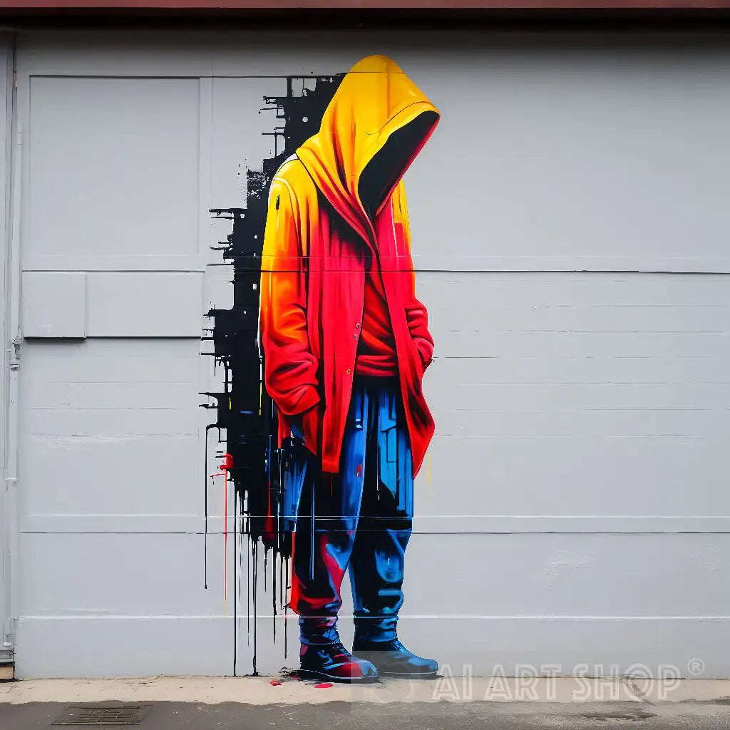 Street Art Mural: Mysterious Hooded Figure, Vibrant Colors - Urban ...