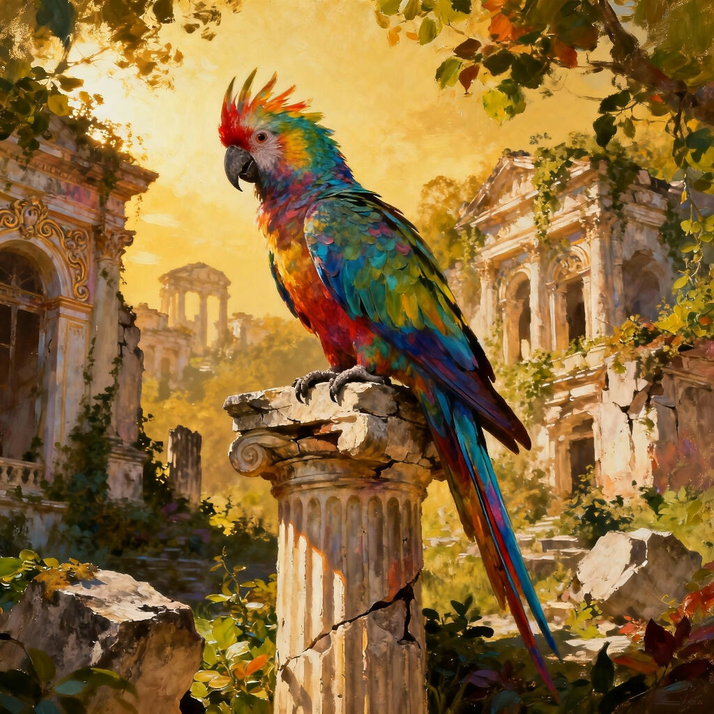 parrot, macaw, tropical bird, rainbow feathers, ancient ruins, clas...