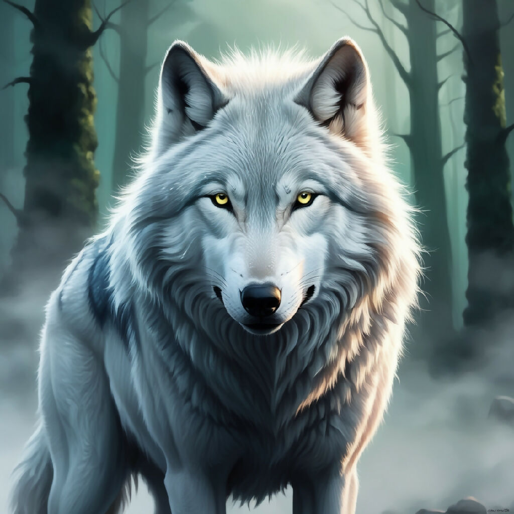 Majestic Wolf, Digital Painting, Snow-White Fur, Emerald Forest, My...