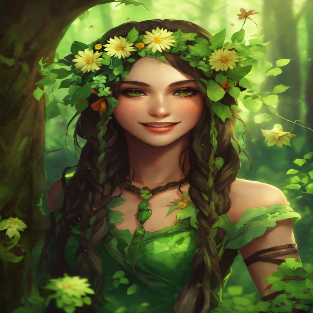"Enchanting Dryad of the Forest: A Green-Skinned Maiden