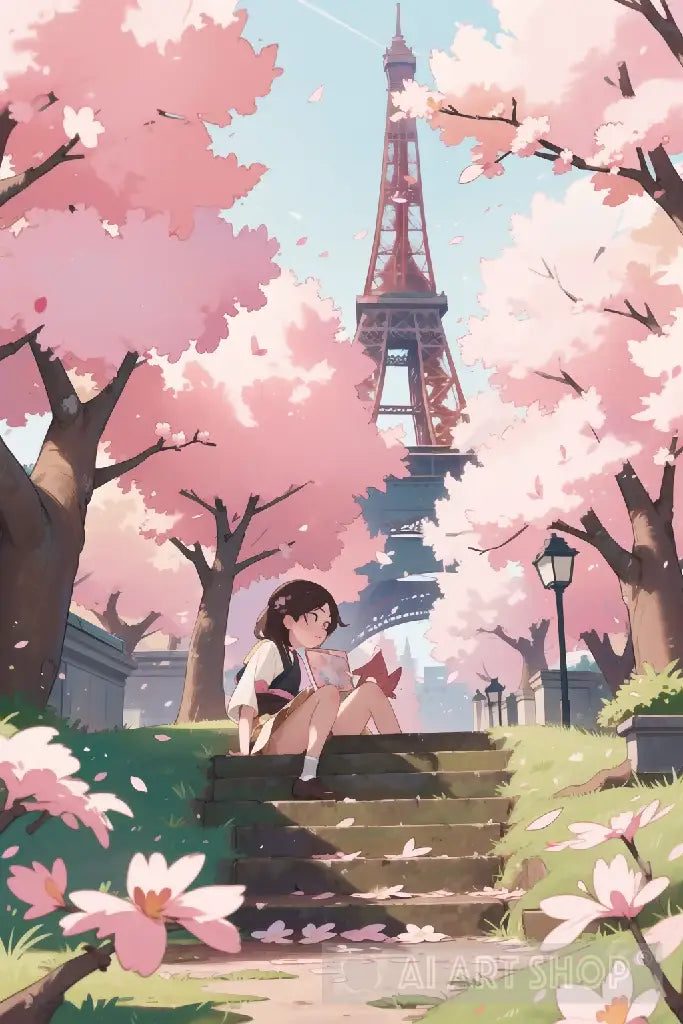 Japanese Girl reading close to Eiffeil Tower