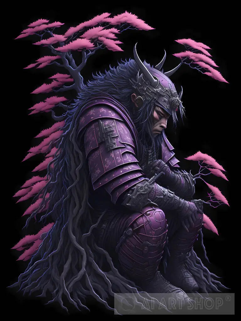 Japanese samurai leaning on a tree