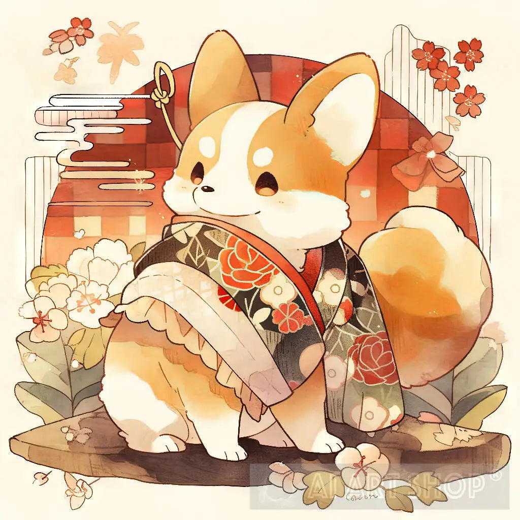 Japanese Woodblock Pembroke Welsh Corgi Dog