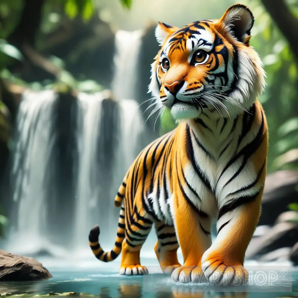 Playful Tiger Frolics Under Cascading Falls
