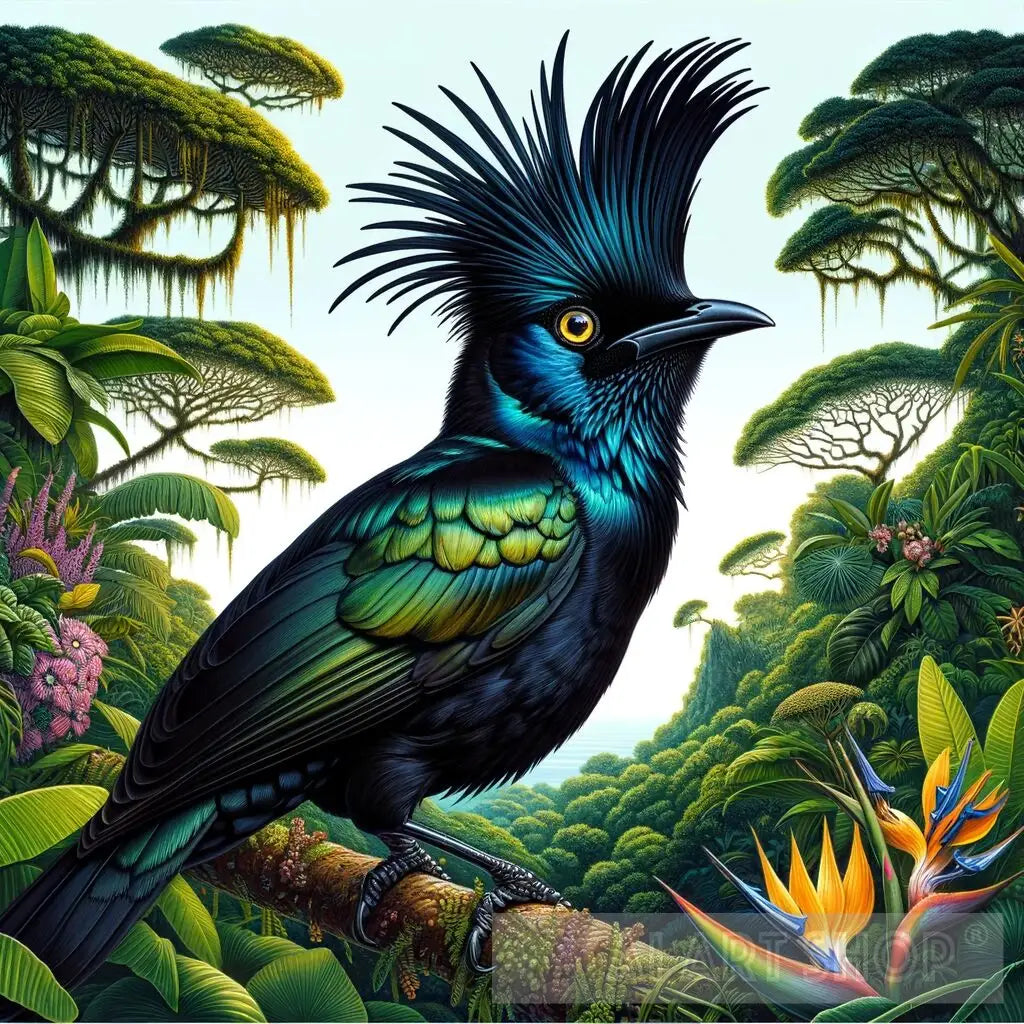 Majestic Bird, Spiky Crest, Iridescent Feathers, Rainforest, Bird-o...
