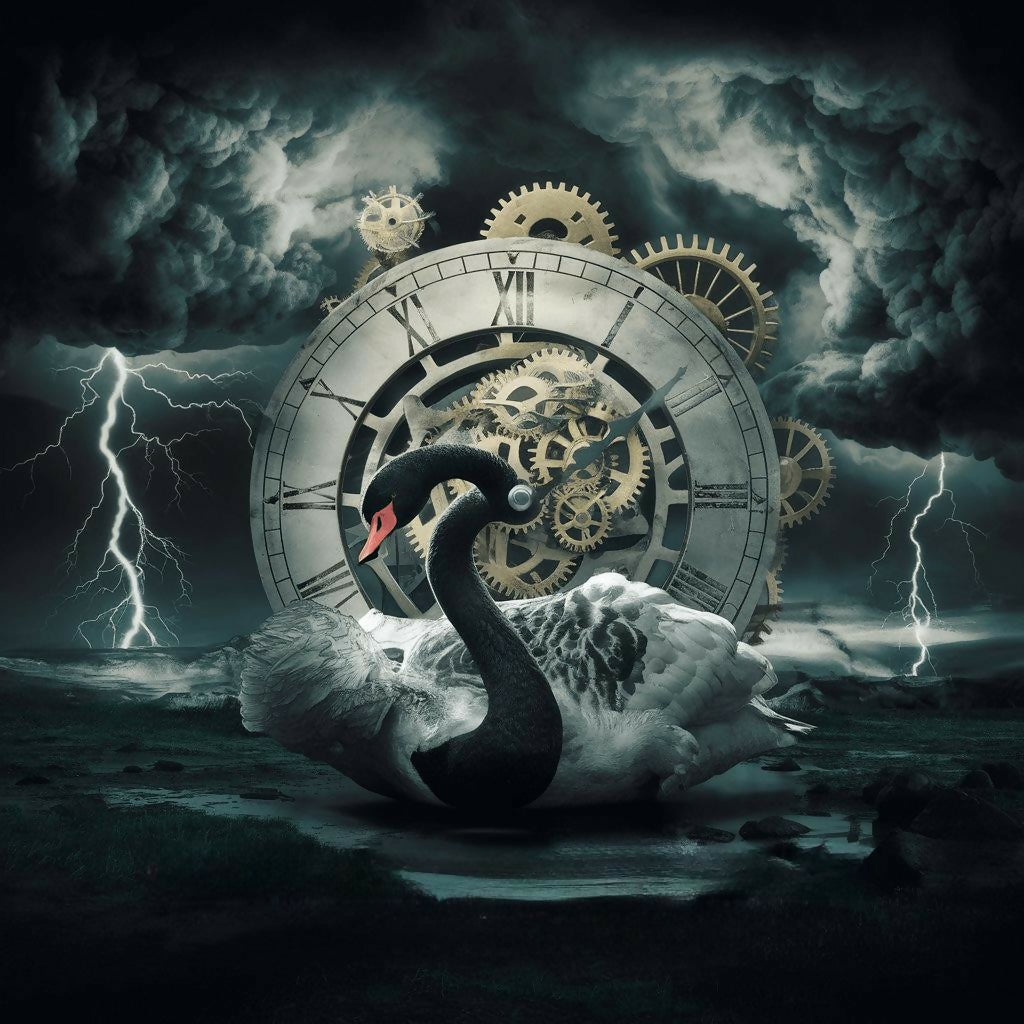 “Timeless Elegance Clock: Black Swan and Mechanical Gears Art”