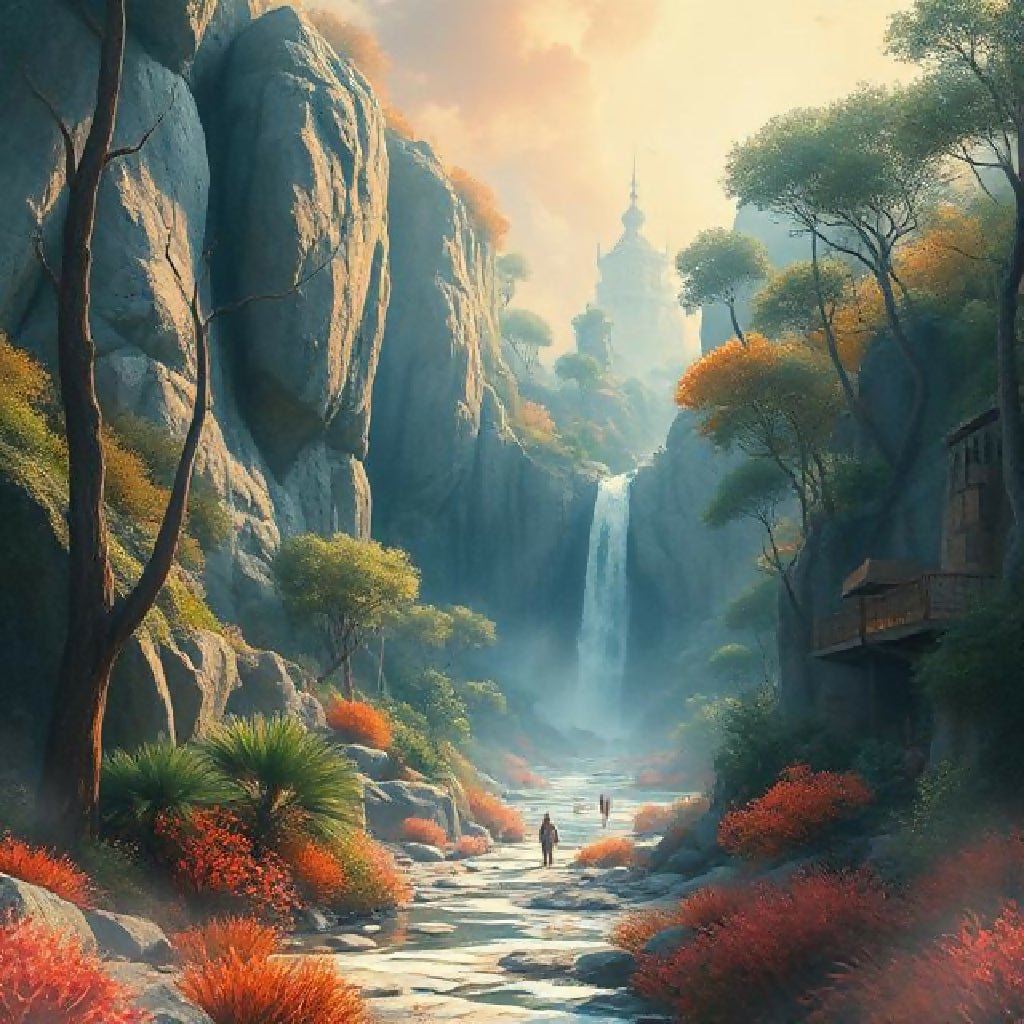 Whispering Falls of the Enchanted Valley - Mystical Landscape Artwork