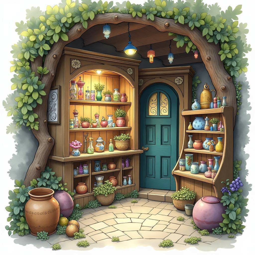 Enchanted Curiosity Shop | Whimsical Watercolor of a Magical Shop