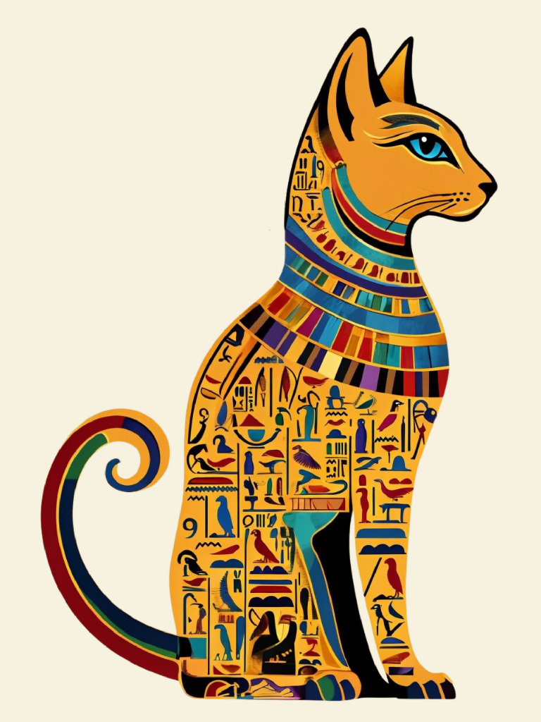 Ancient Egyptian Cat Illustration with Hieroglyphic Design