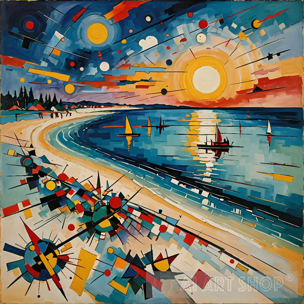 Art Deco beach scene with bold colors and geometric shapes. A vibra...