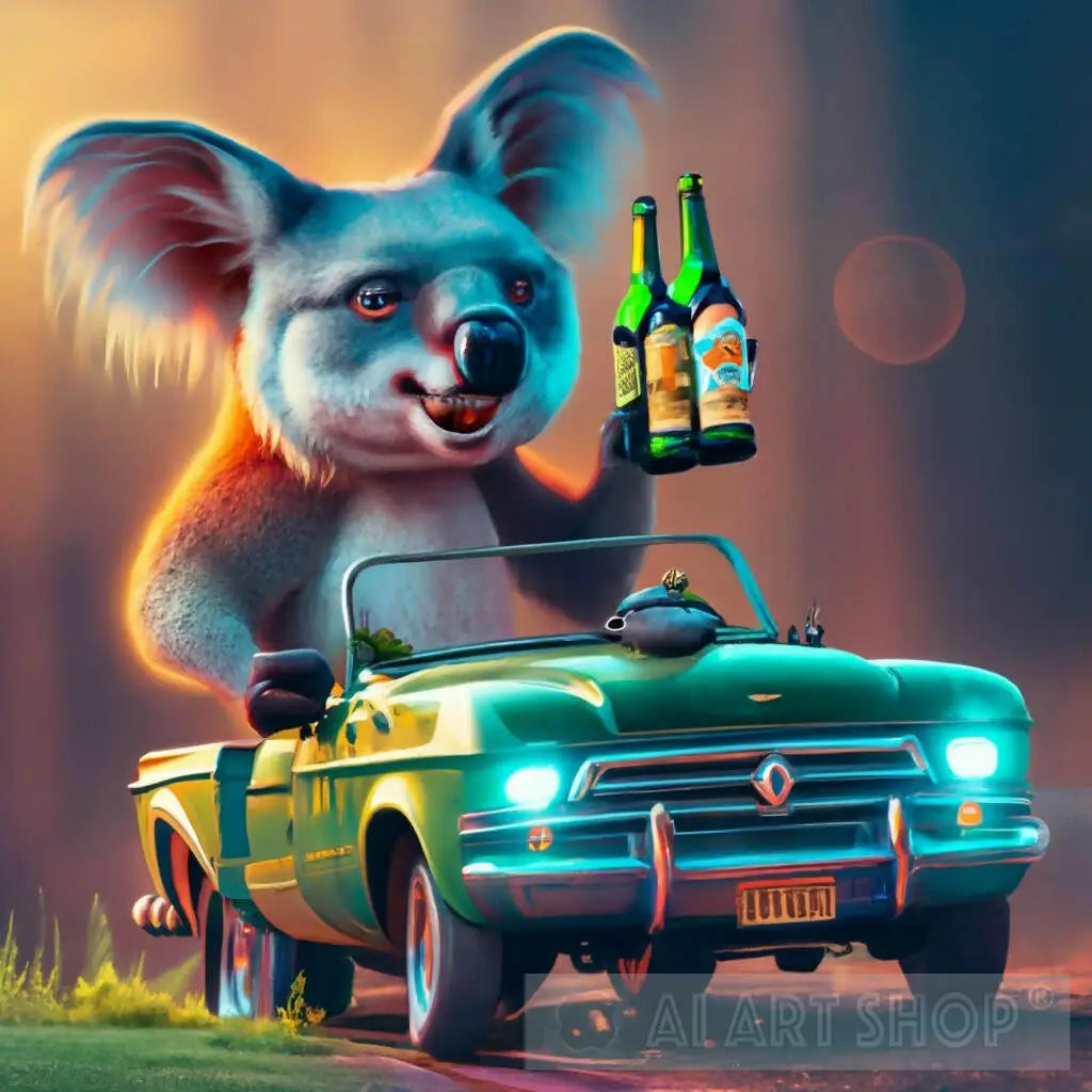 Koala drinking beers in car