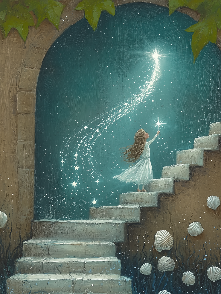 Follow Your Star - Inspiring Artwork of a Girl Climbing Towards a Star