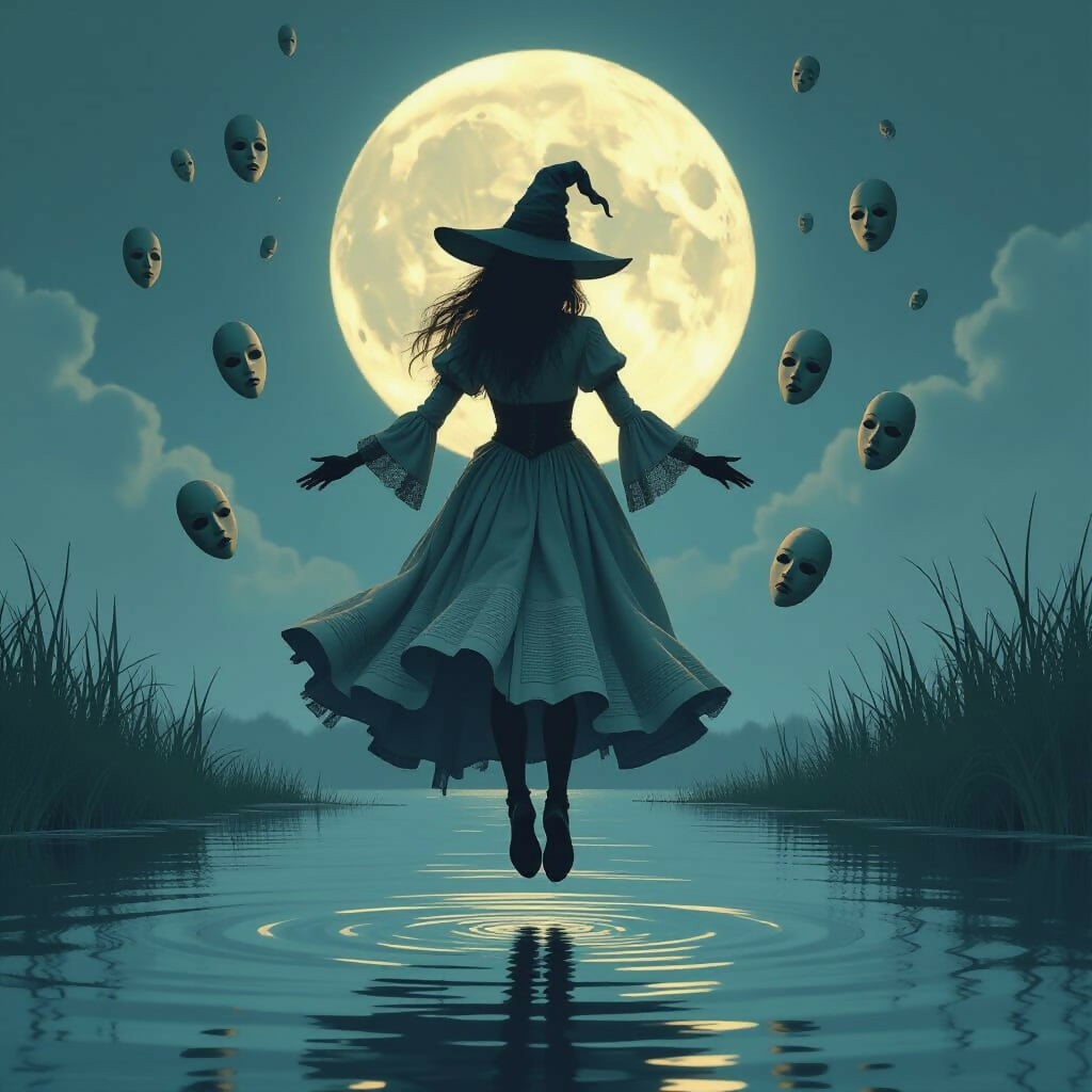 Witch Levitation with Masks in Dreamlike Style