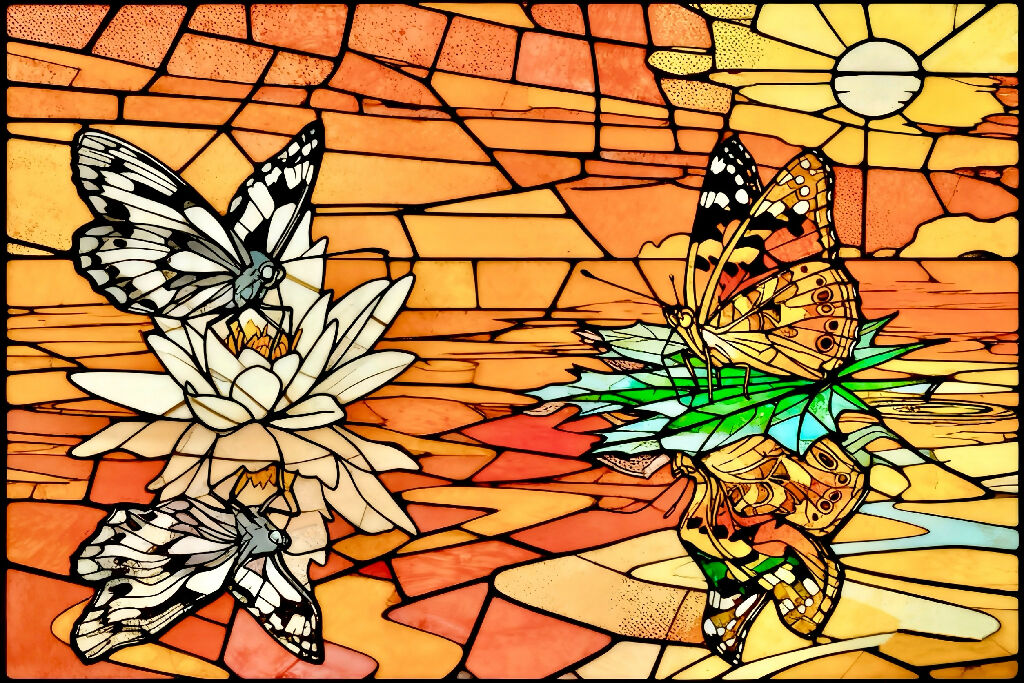 Butterflies and Reflection on Stained Glass effect
