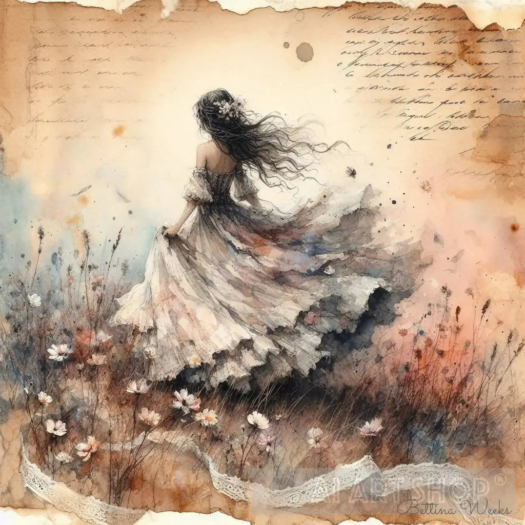 Lady on tea stained paper 1