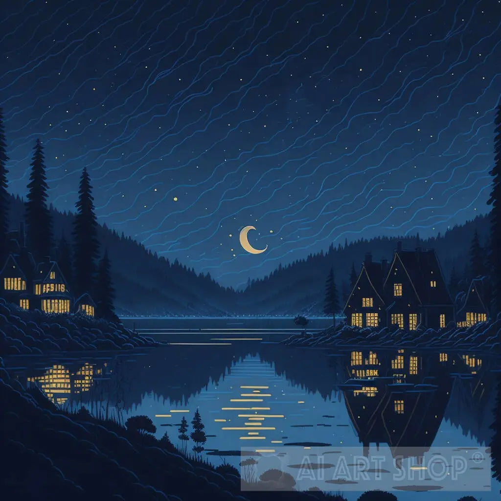 Landscape, Nature, Lakeside, Houses, Night, Moon, Peaceful