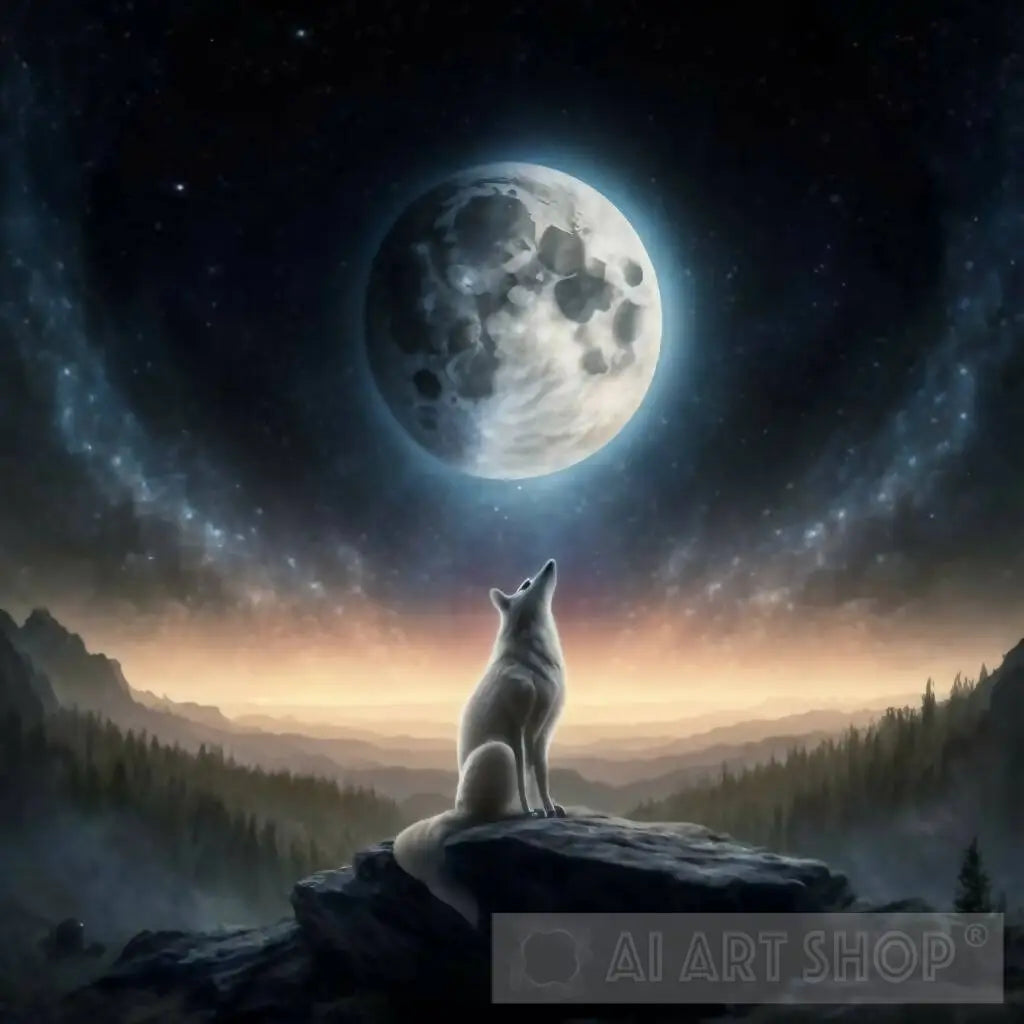 Landscape Of A Starry Sky, Moon, And A Single White Wolf