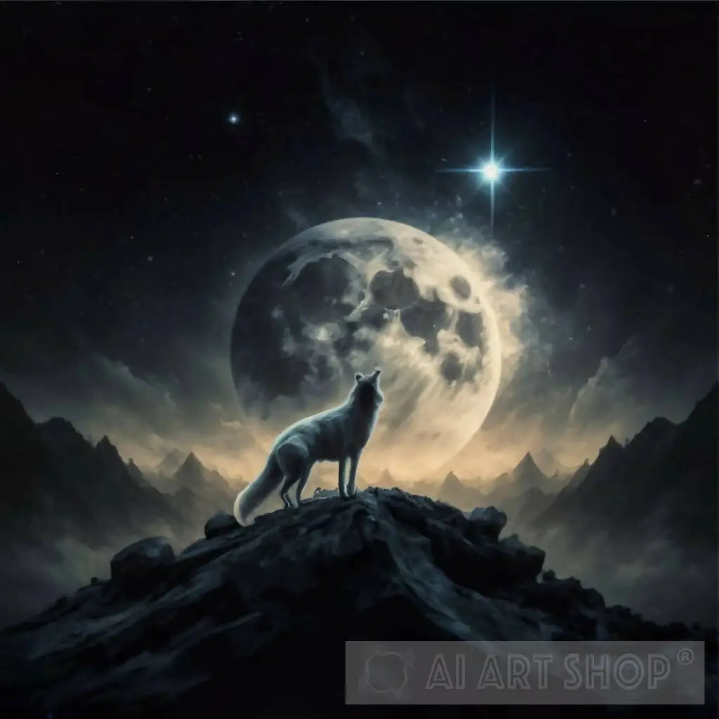 Landscape Of A Starry Sky, Moon, And A Single White Wolf