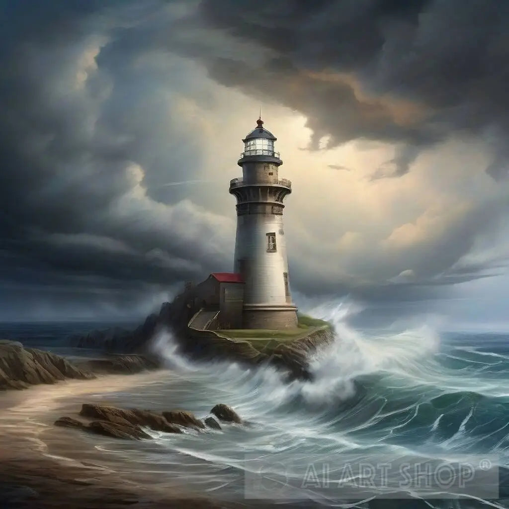 Lighthouse, stormy beach, Guiding Light, Lighthouse Art, Ocean Dram...