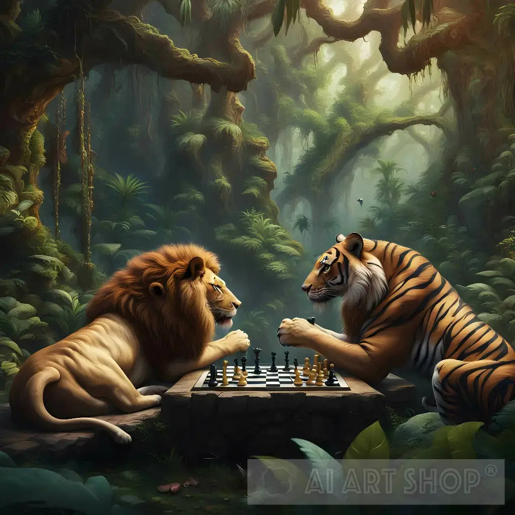 Lion vs tiger chess match in the jungle