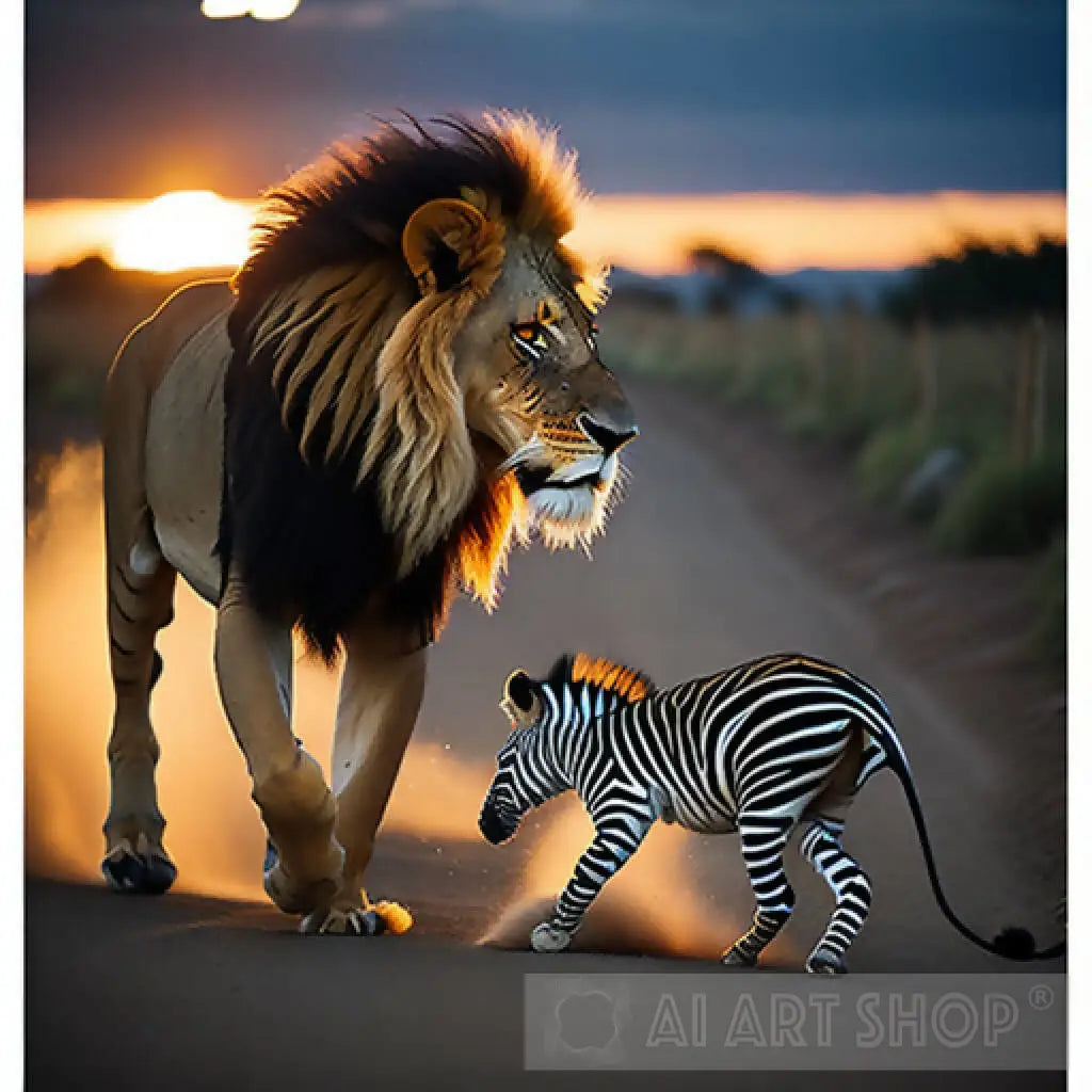 lion with zebra in sunset