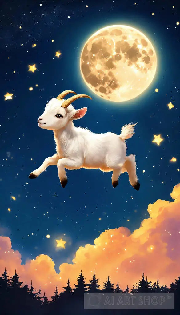 Little goats flying in the light of the big moon