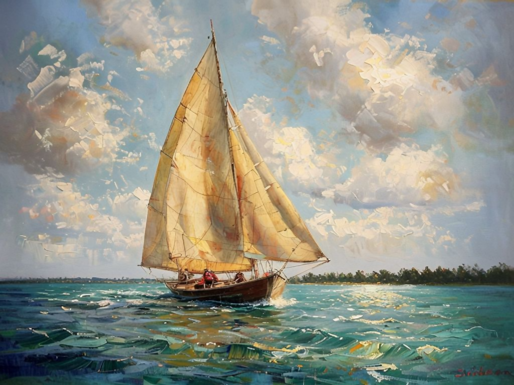 Vibrant Sailboat Art Print: Ocean Adventure Digital Painting, sailb...