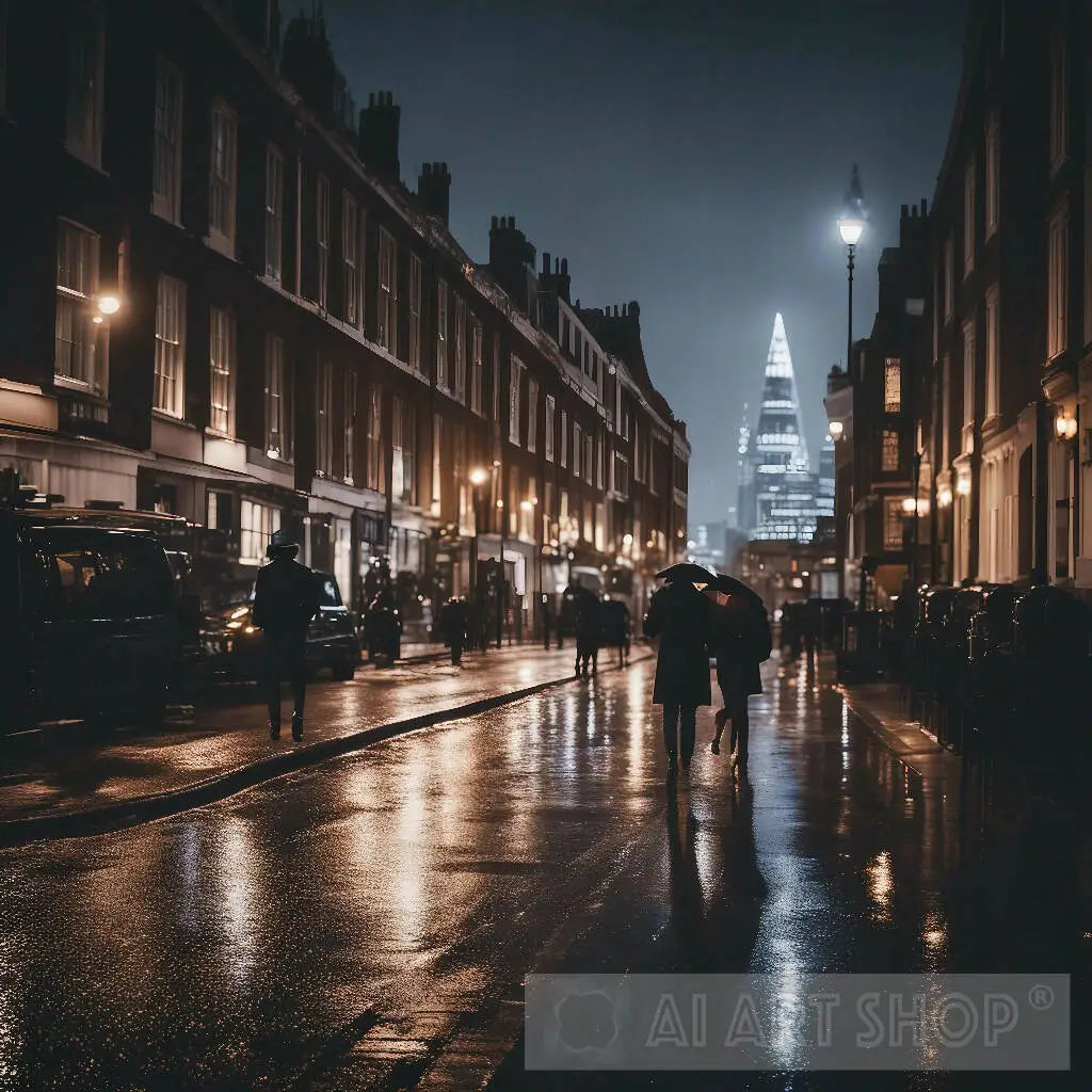 London Skyline at Night in the Rain