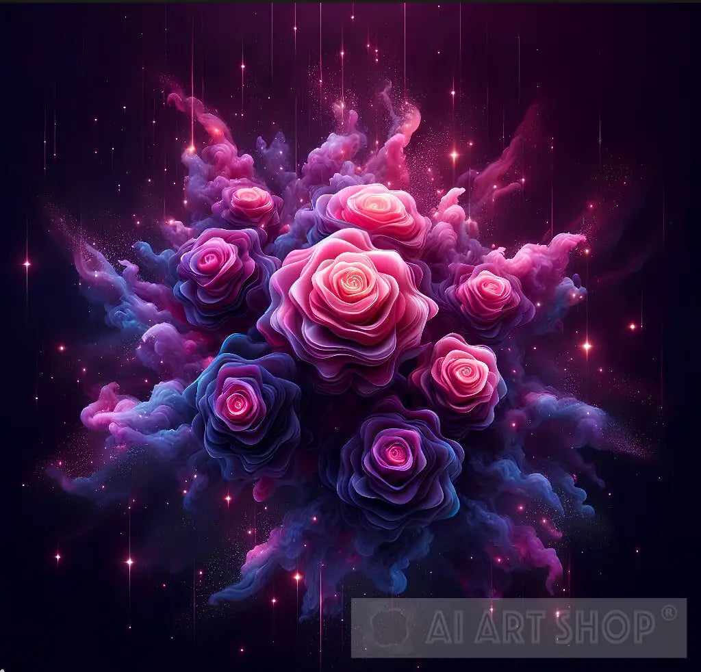 Mesmerizing digital art of roses bathed in a celestial glow. Vibran...