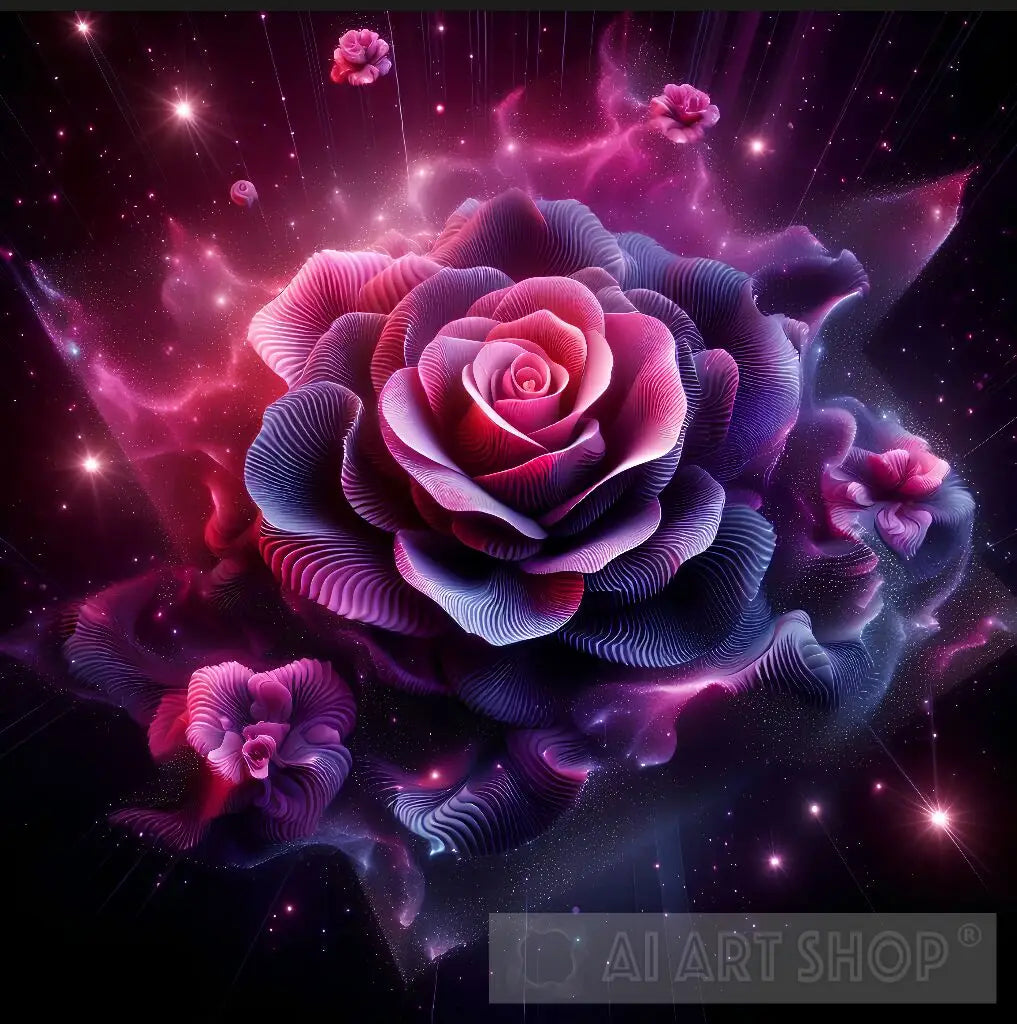 Mesmerizing digital art of roses bathed in a celestial glow. Vibran...