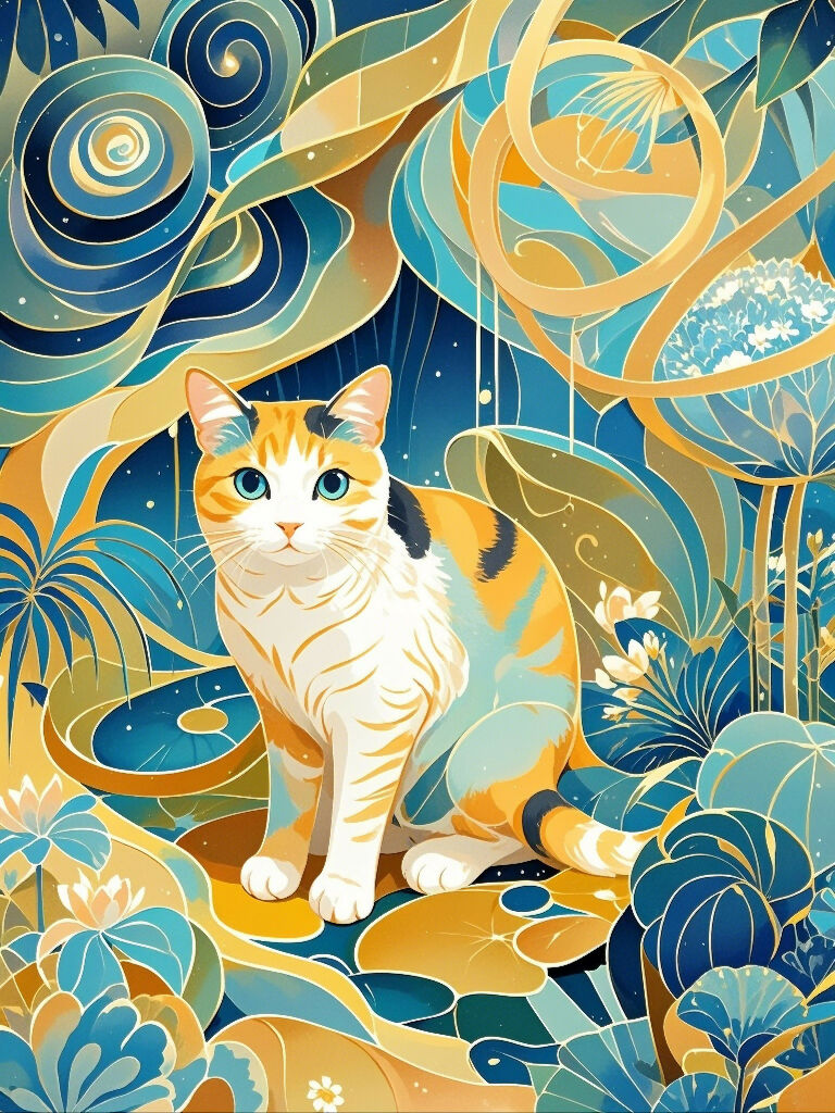 Dreamlike AI Cat Art – Calico Jungle Feline – Abstract Digital Print
