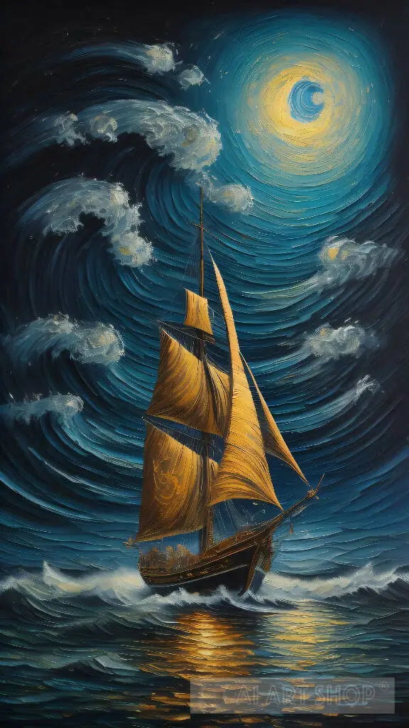 "Luminous Voyage" abstract art. Ship sailing under the mo...