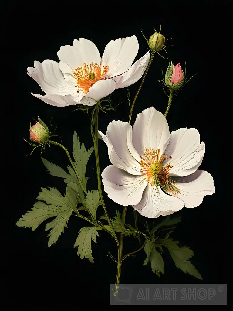White Flowers on Black Background - AI Art