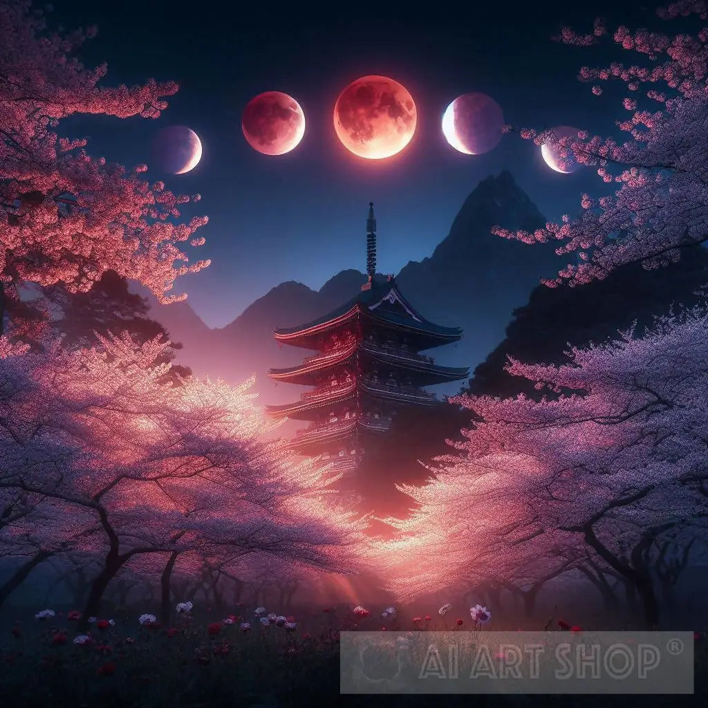 Lunar Eclipse Phases, Japanese Pagoda, and Cherry Blossoms