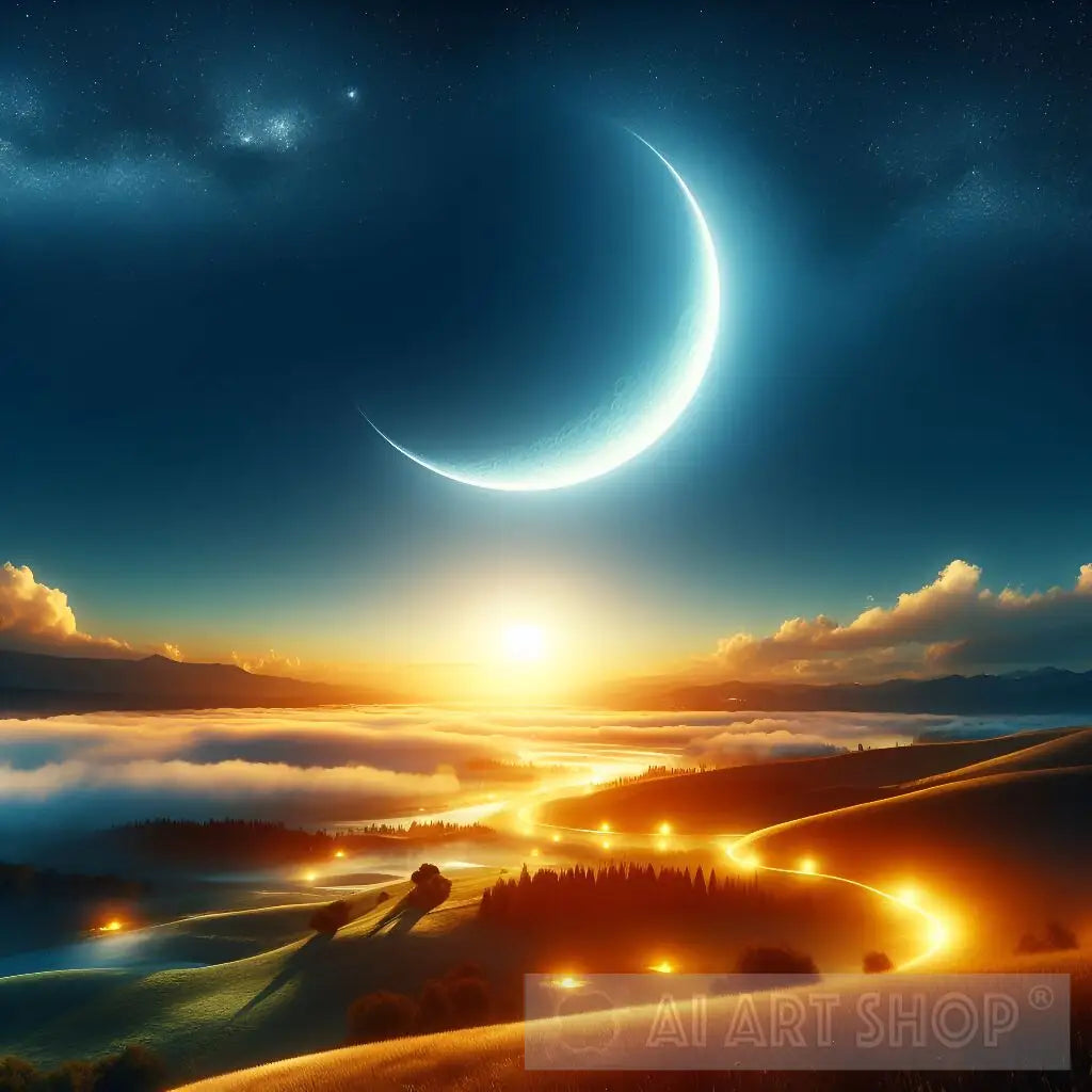 Crescent moon, Night sky, Misty hills, Winding road, Moonlit landsc...