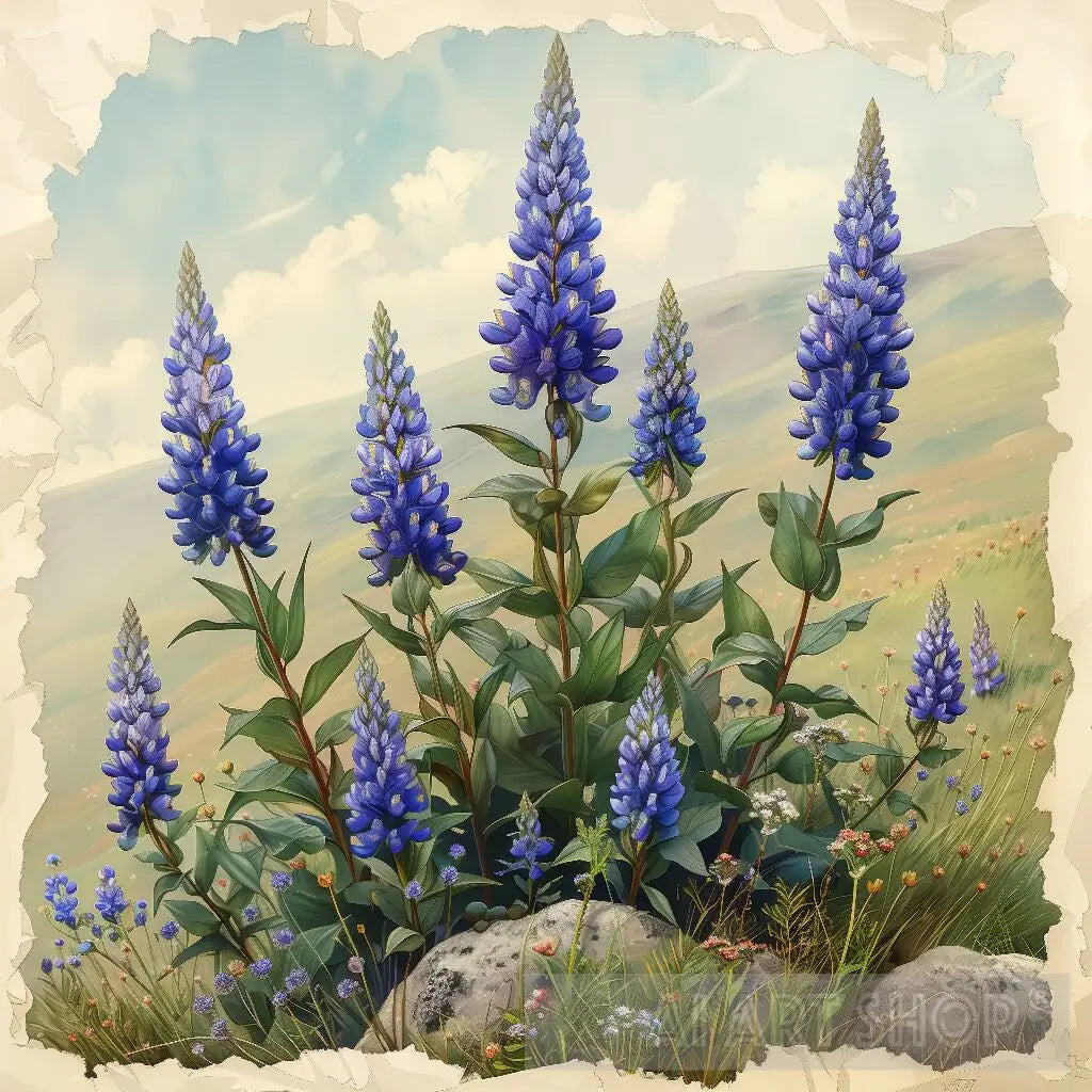 lupines, wildflowers, pastoral, landscape, vibrant, blue blossoms,