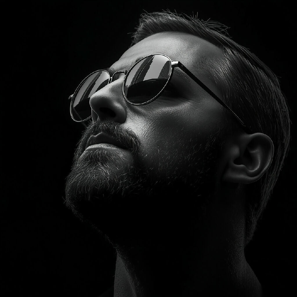 Dramatic, ultra-realistic close-up in black and white with high-con...